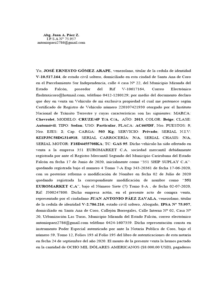 Compra Venta Vehiculo1 | PDF | Venezuela | Coche