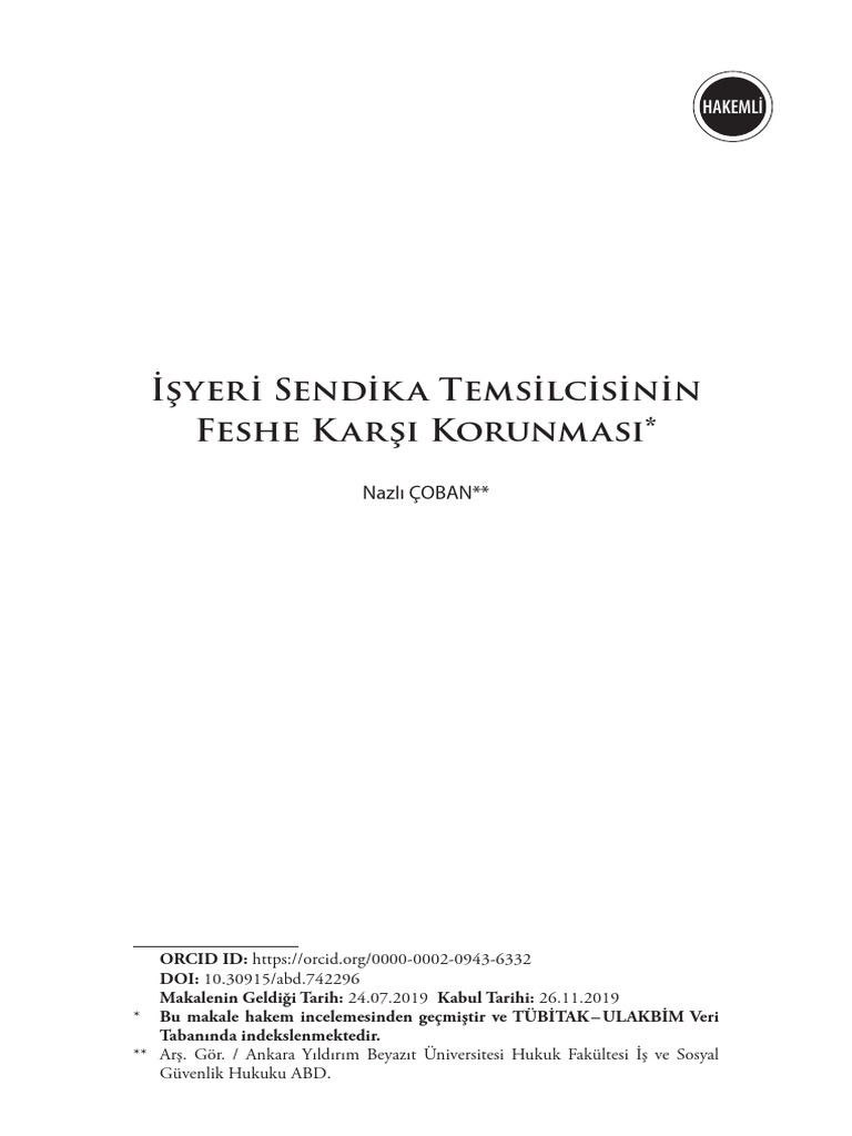 İşyeri Sendika Temsilcisinin Feshe Karşı Korunması Dergipark | PDF