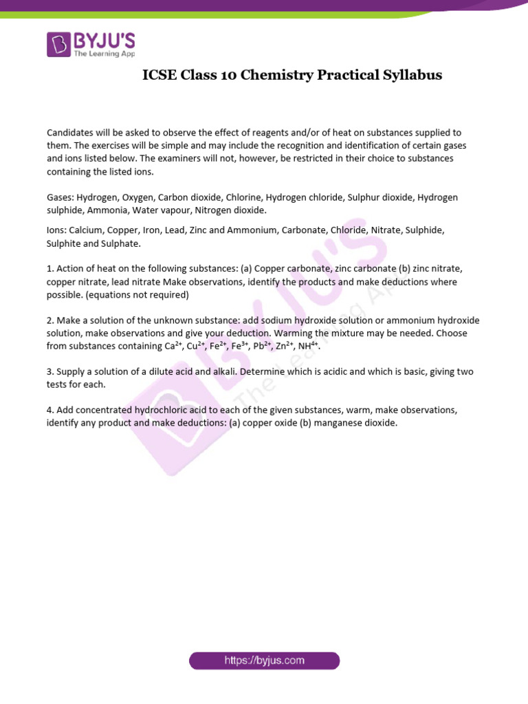 ICSE Class 10 Chemistry Practical Syllabus | PDF