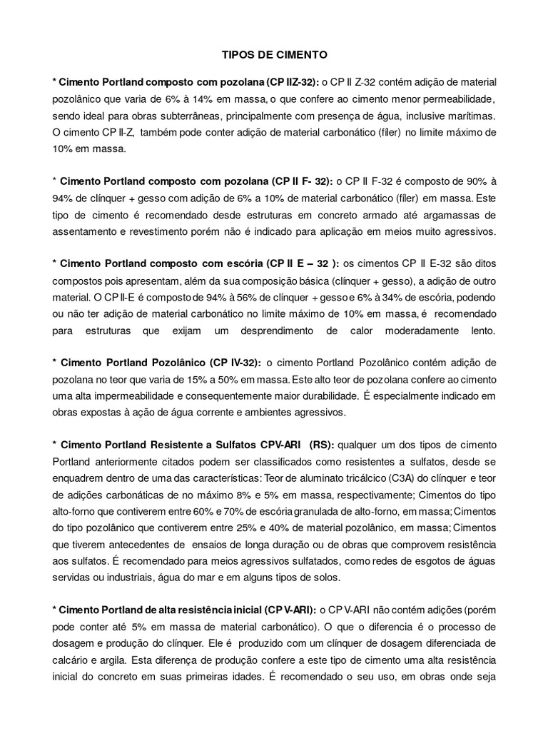 Revisao Tipos de Cimento | PDF | Cimento | Setor secundário da economia
