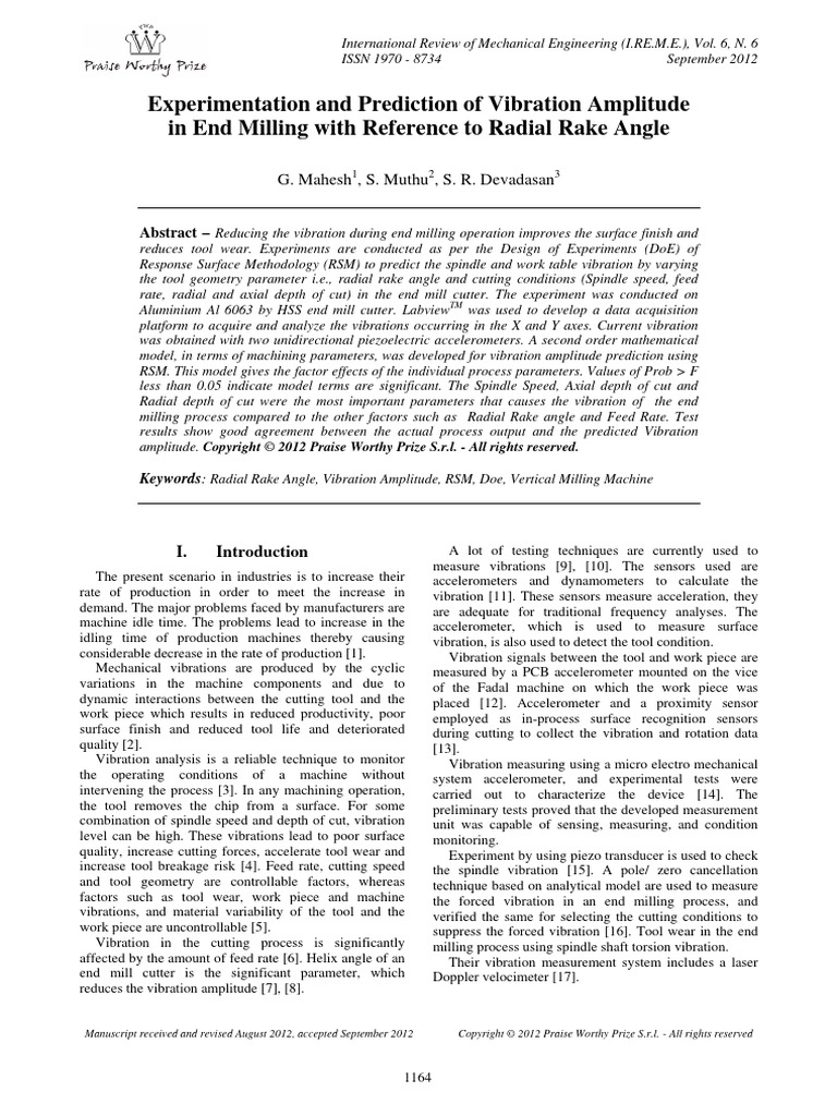 Experimentation and Prediction of Vibration Amplitude in End Milling ...