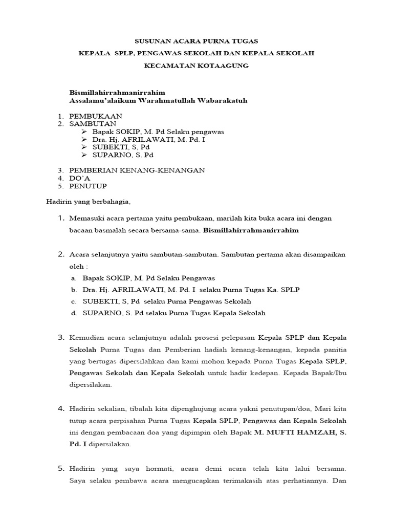 Susunan Acara Purna Tugas Pengawas Sekolah | PDF | Kajian Bahasa Asing