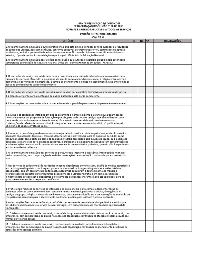 CHECKLIST-Resolução 3100-2019 | PDF | Cuidado paliativo | Unidade de ...