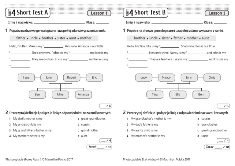 Brainy Kl4 Short Tests Unit 4 Lesson 1 | PDF