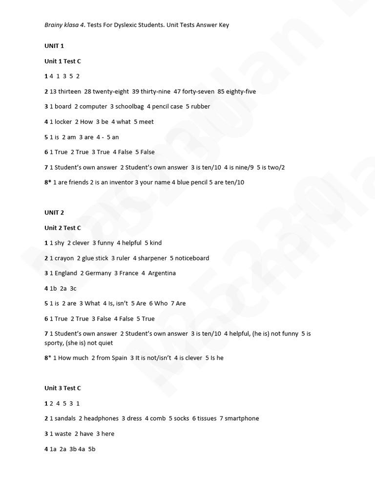 Brainy Kl4 Dyslexia Unit Tests Answer Key | PDF Brainy Kl4 Dyslexia Unit Tests Answer Key | PDF