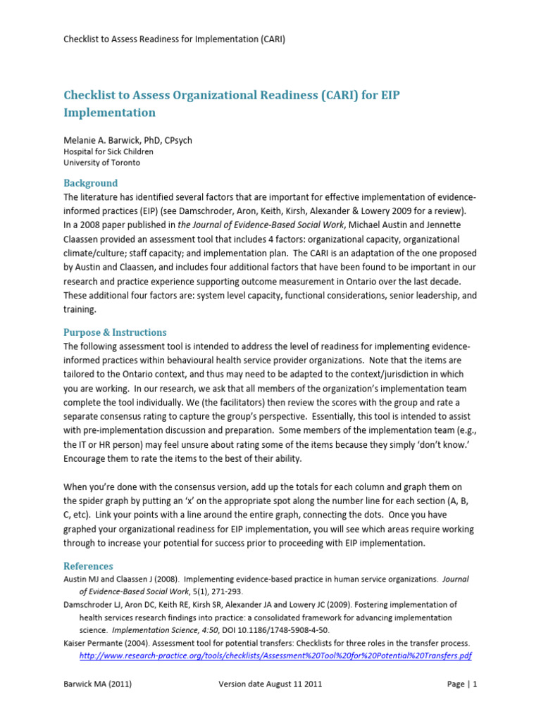CARI-Checklist For Assessing Readiness For Implementation-BARWICK | PDF ...