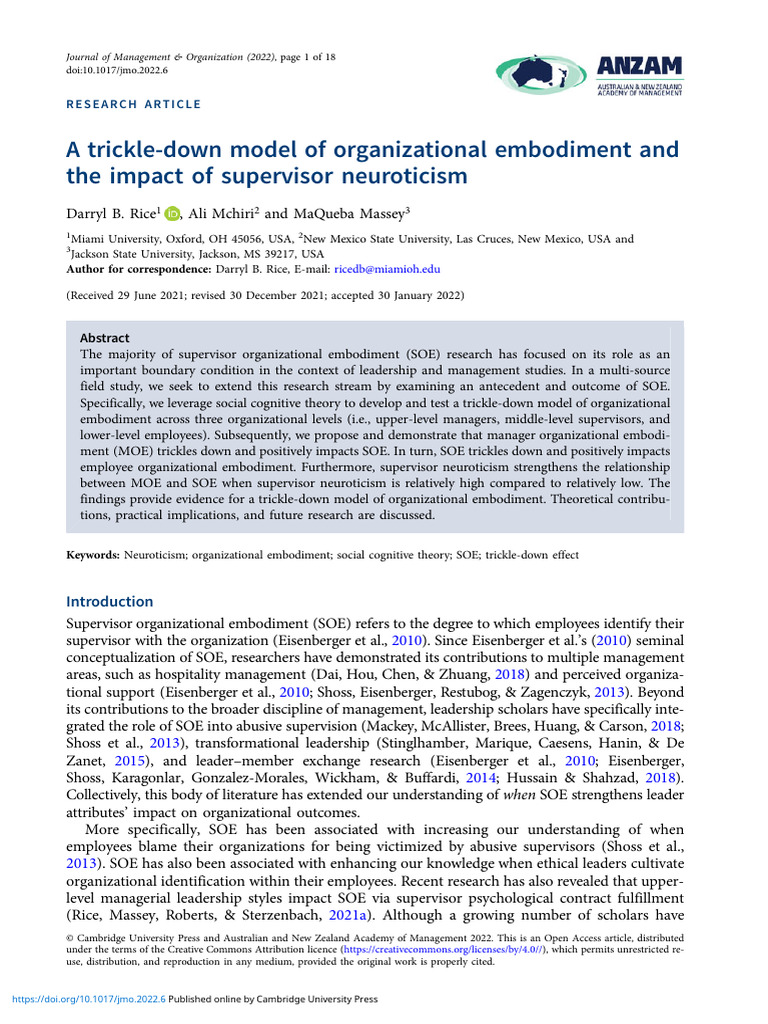 A Trickle Down Model Of Organizational Embodiment And The Impact Of Supervisor Neuroticism Pdf