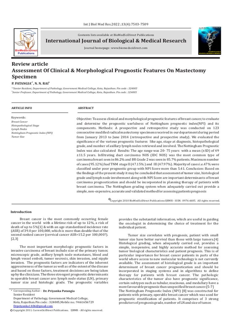 Assessment of Clinical & Morphological Prognostic Features On ...