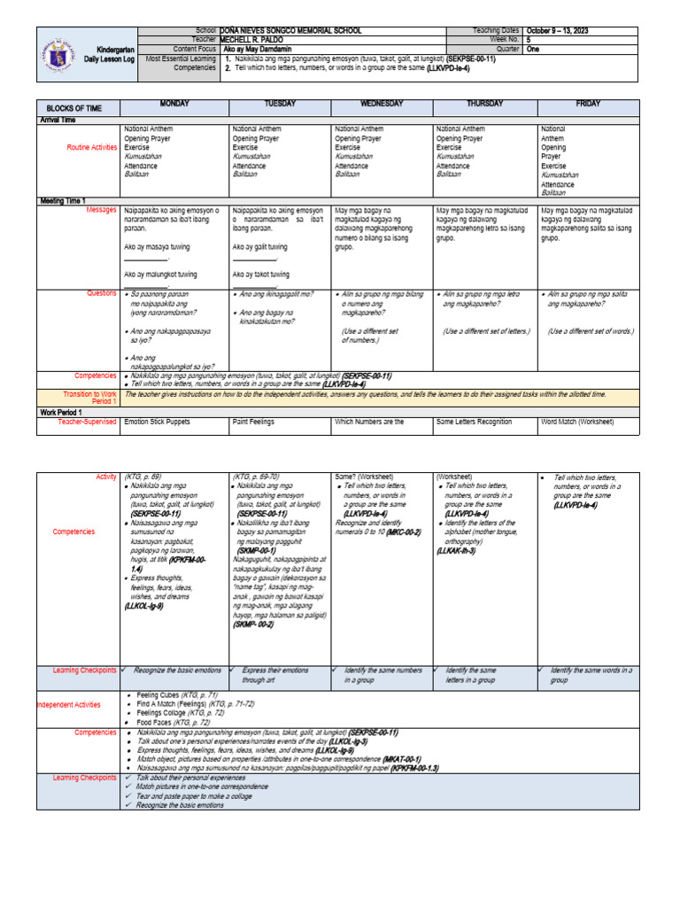 Kindergarten DLL Quarter 1 Week 5 | PDF