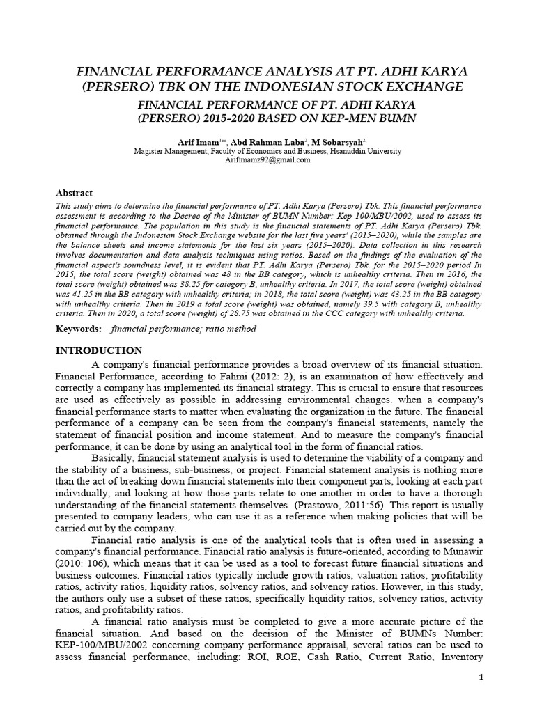 Financial Performance of Pt. Adhi Karya (Persero) 2015-2020 Based On Kep-Men Bumn | Download ...