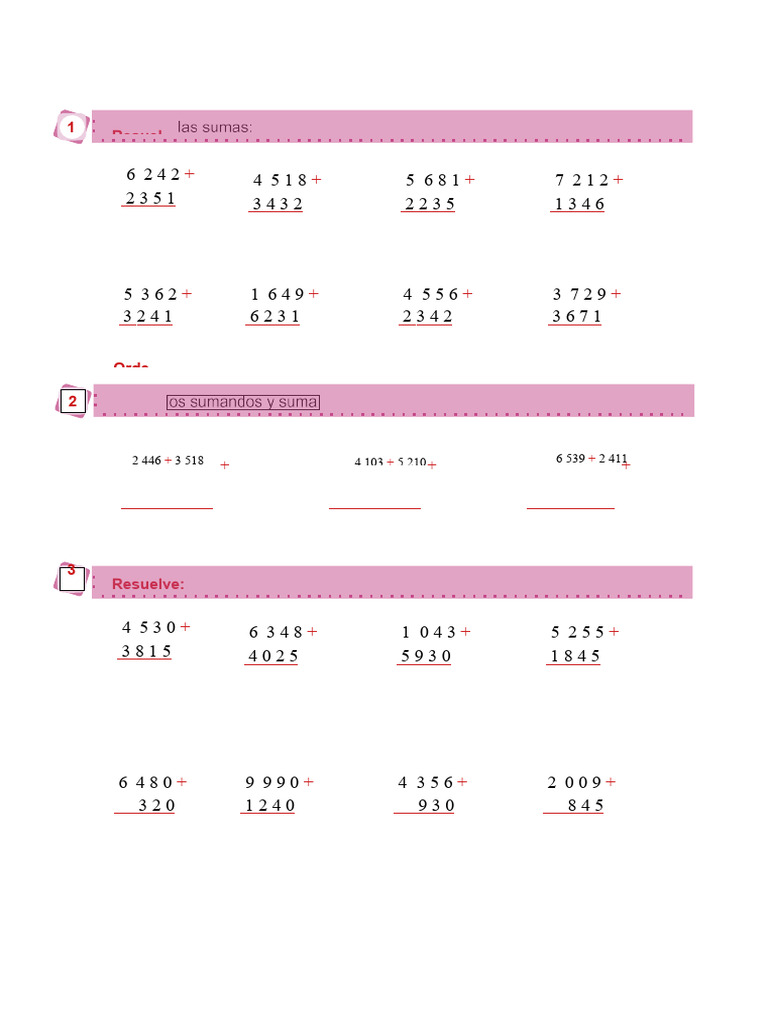 Sumas-Y-Restas-De-Números-De-4-Cifras - Primaria | PDF