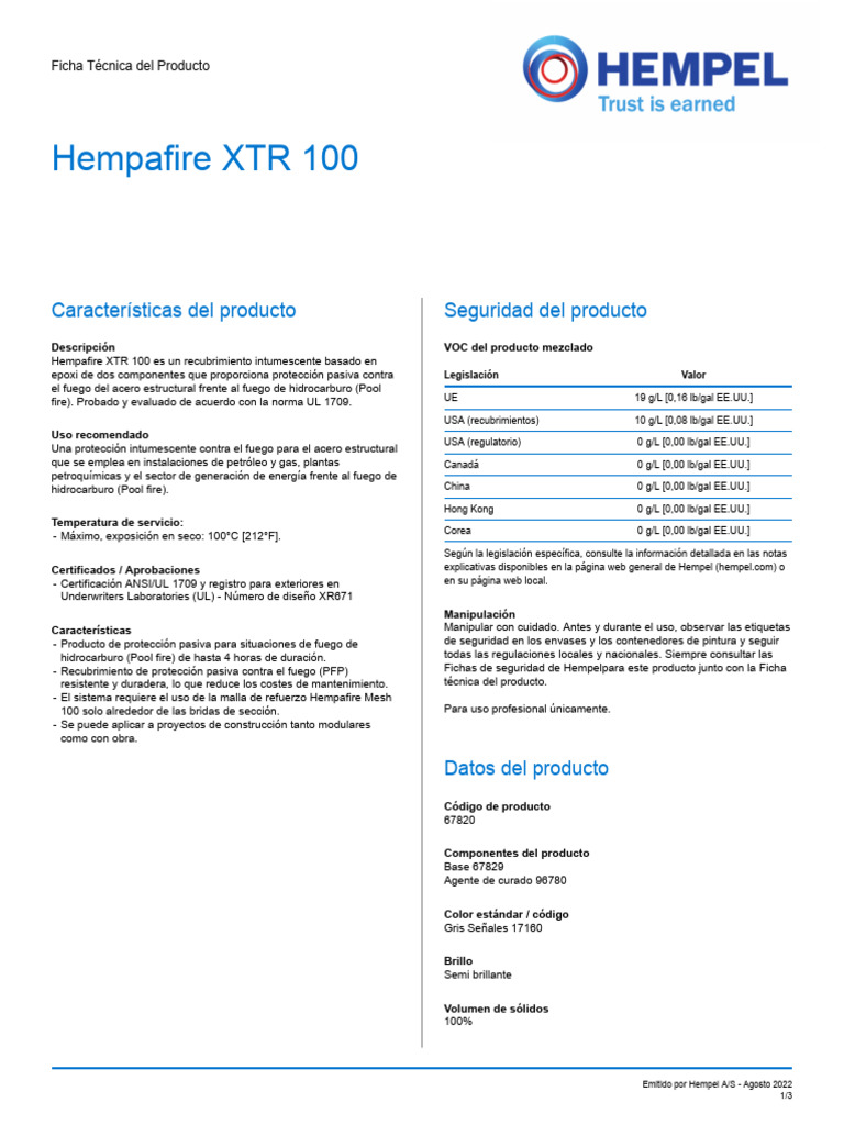 Recubrimiento Intumescente Hempafire XTR 100 | PDF | Química | Materiales