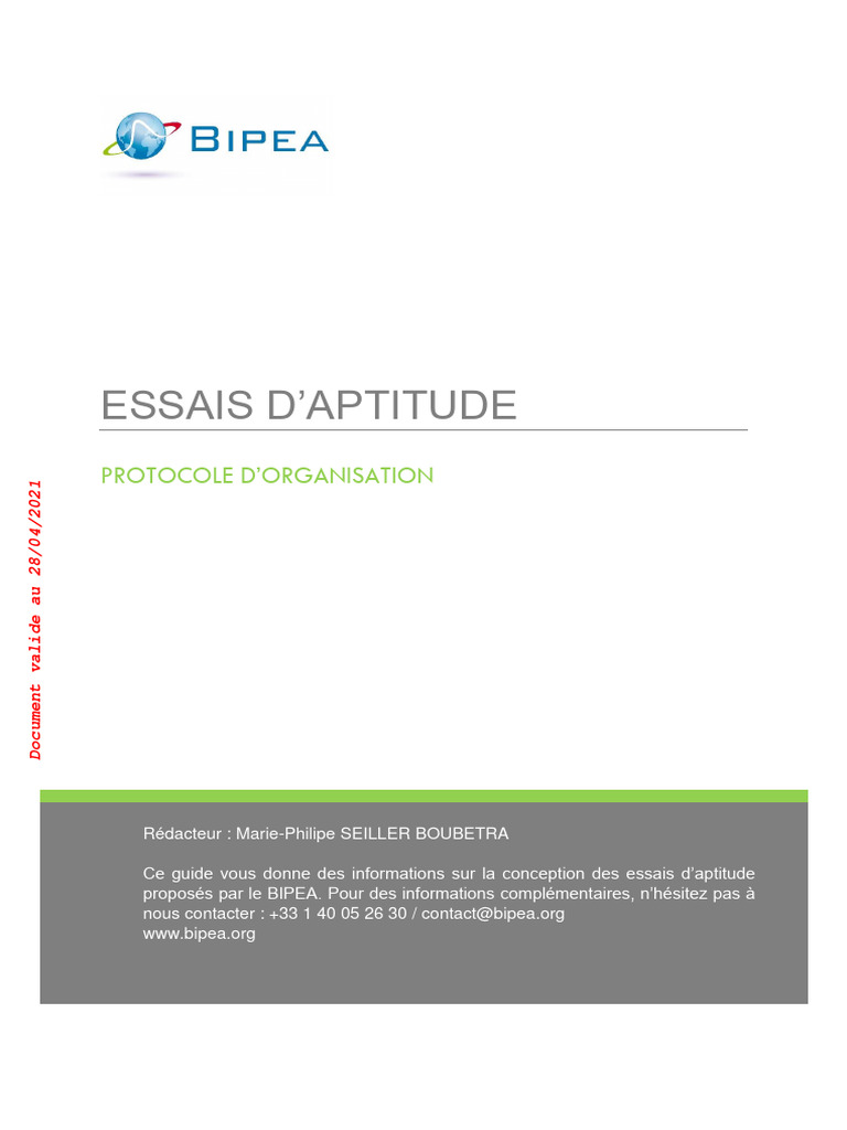 Protocole des essais d'aptitude BIPEA | PDF | Finance et gestion ...
