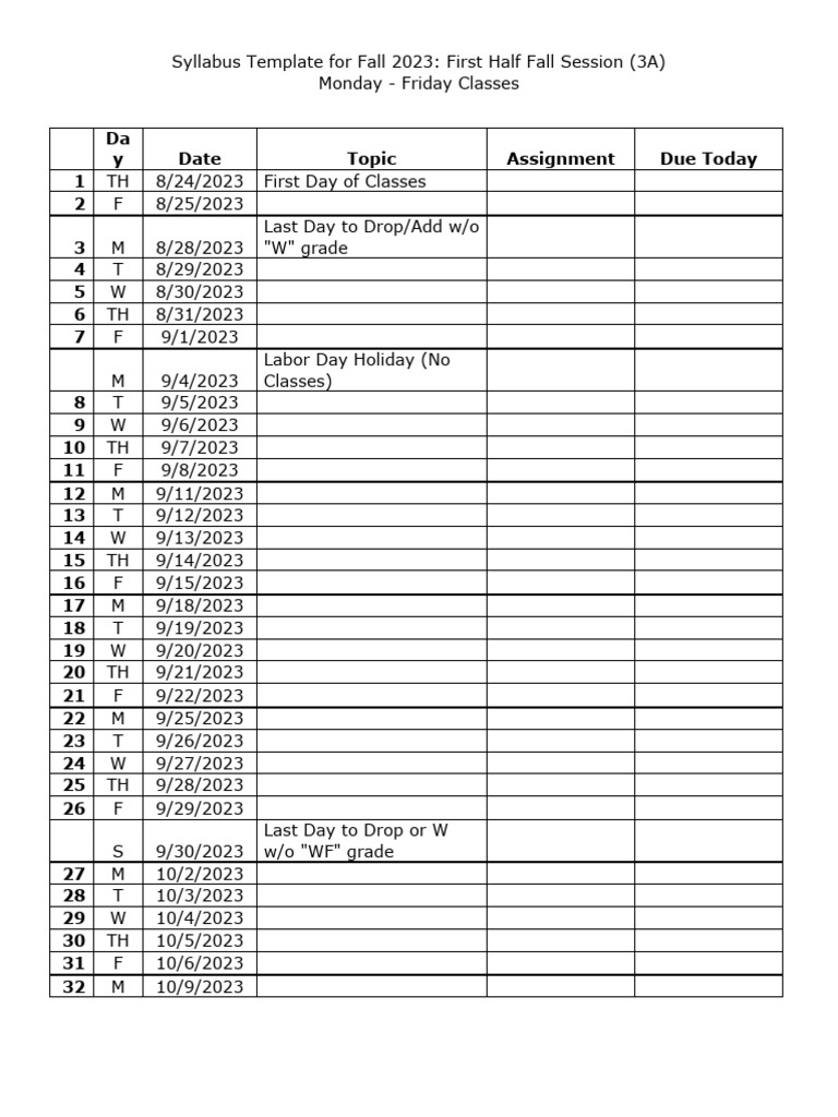 3a Fall2023 First Half Fall Session M-F Syllabus Template | PDF