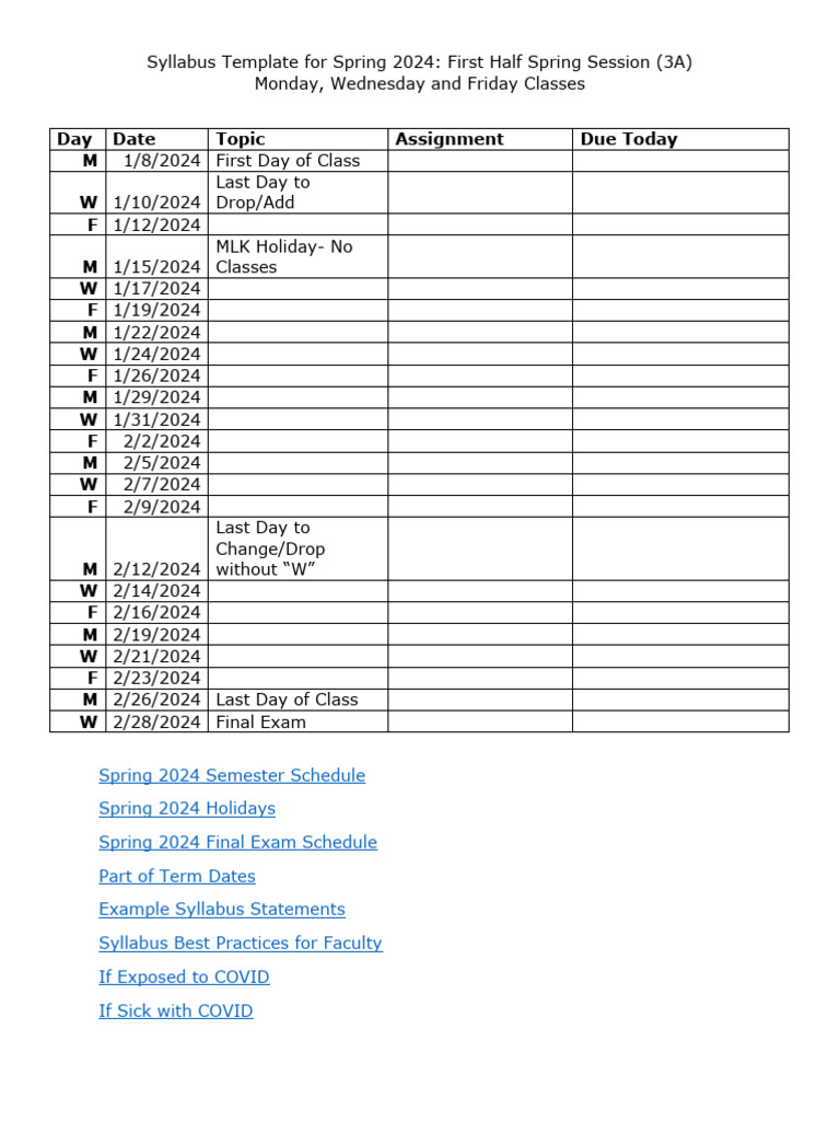 Spring2024 First Half 3a MWF Syllabus Template | PDF