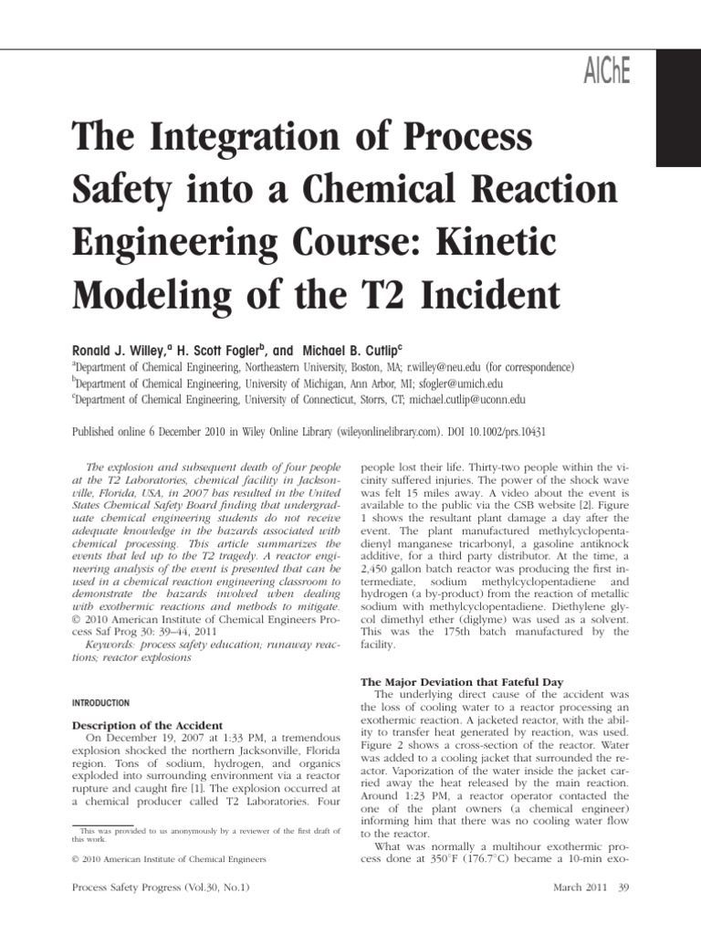The Integration of Process Safety Into A Chemical Reaction Engineering ...