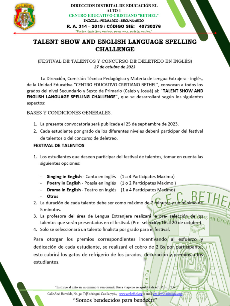 Talent Show and English Language Spelling Challenge | PDF