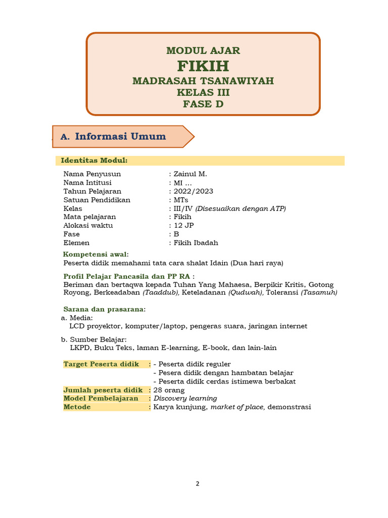 Contoh Modul Ajar Fikih Mi 1 | PDF | Karier & Perkembangan | Sains & Matematika