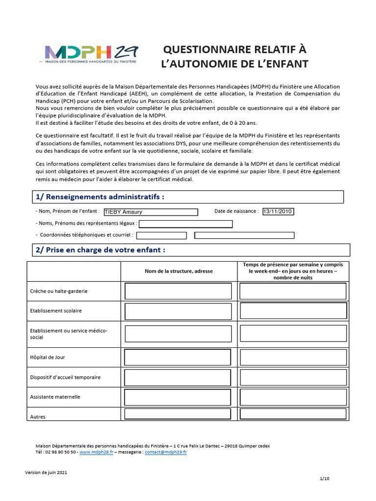 2021 07 Questionnaire Autonomie Enfant | PDF