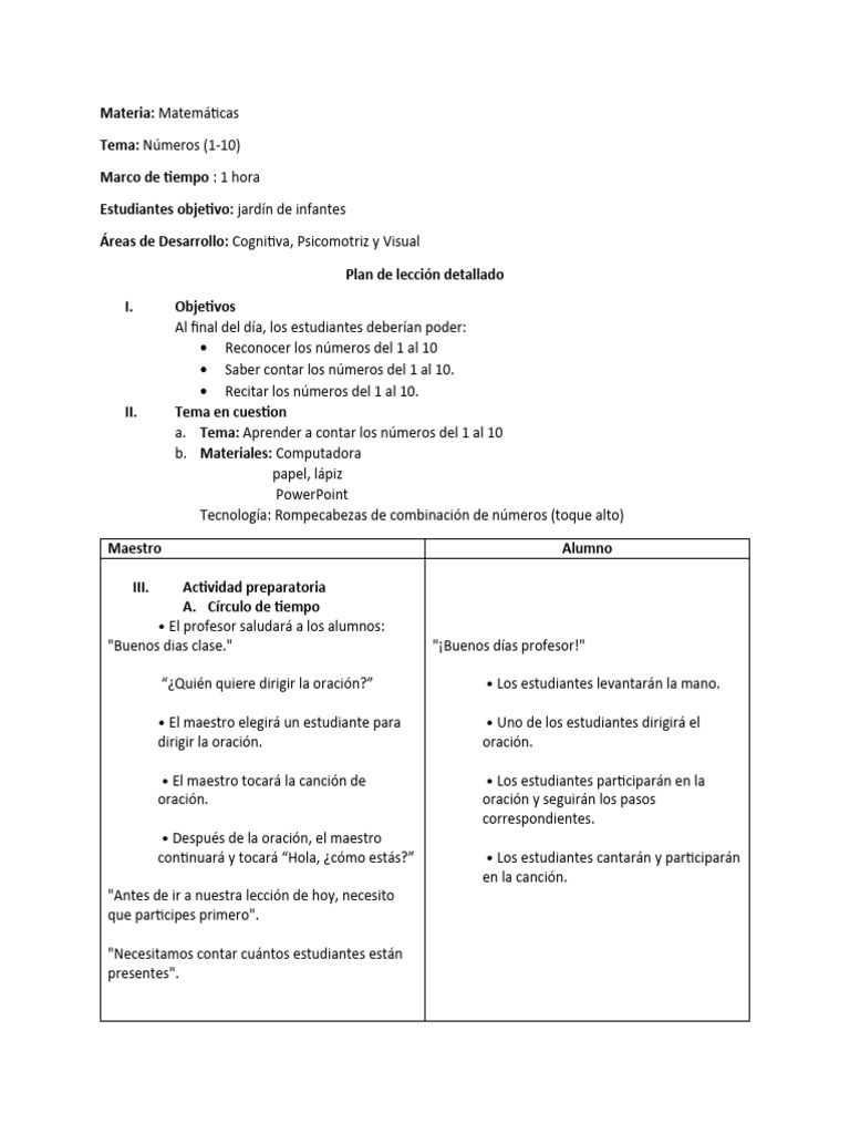 Plan de Lección Detallado (Contando Números Del 1 Al 10) ) | PDF ...