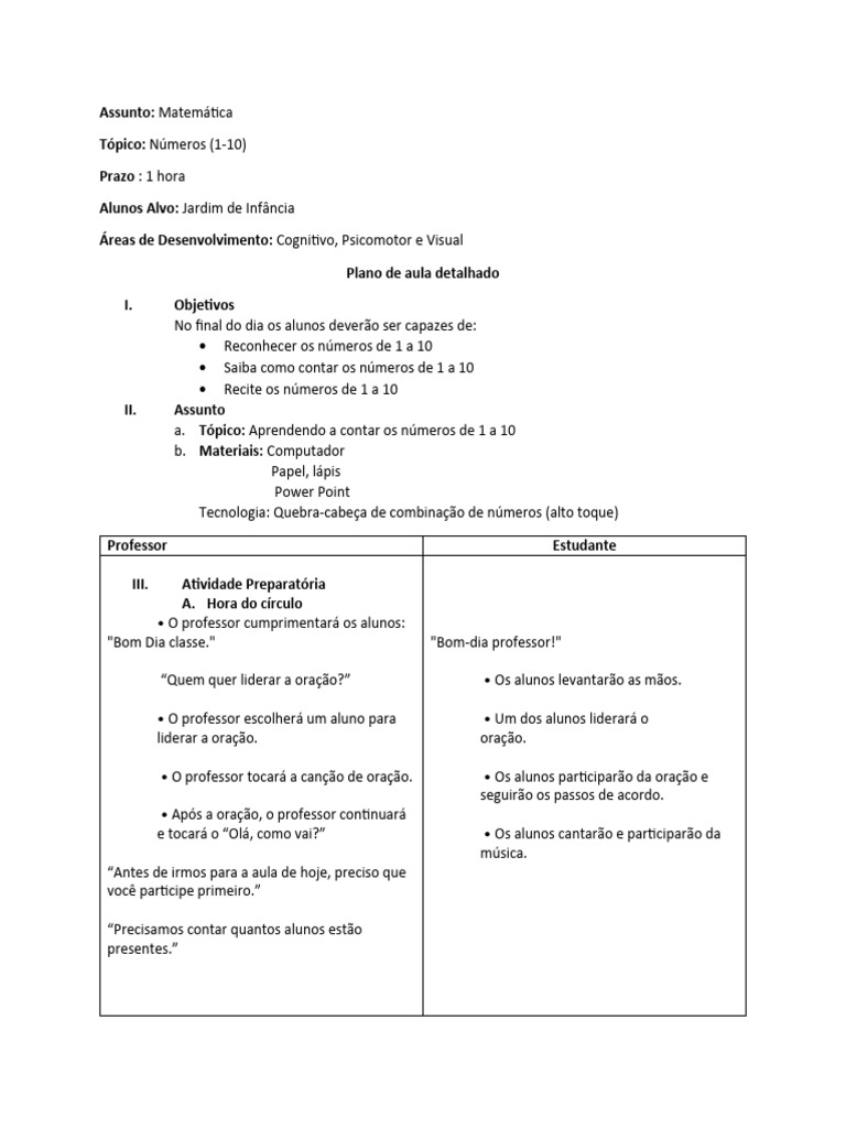 Plano de aula detalhado (contando números de 1 a 10)) | PDF