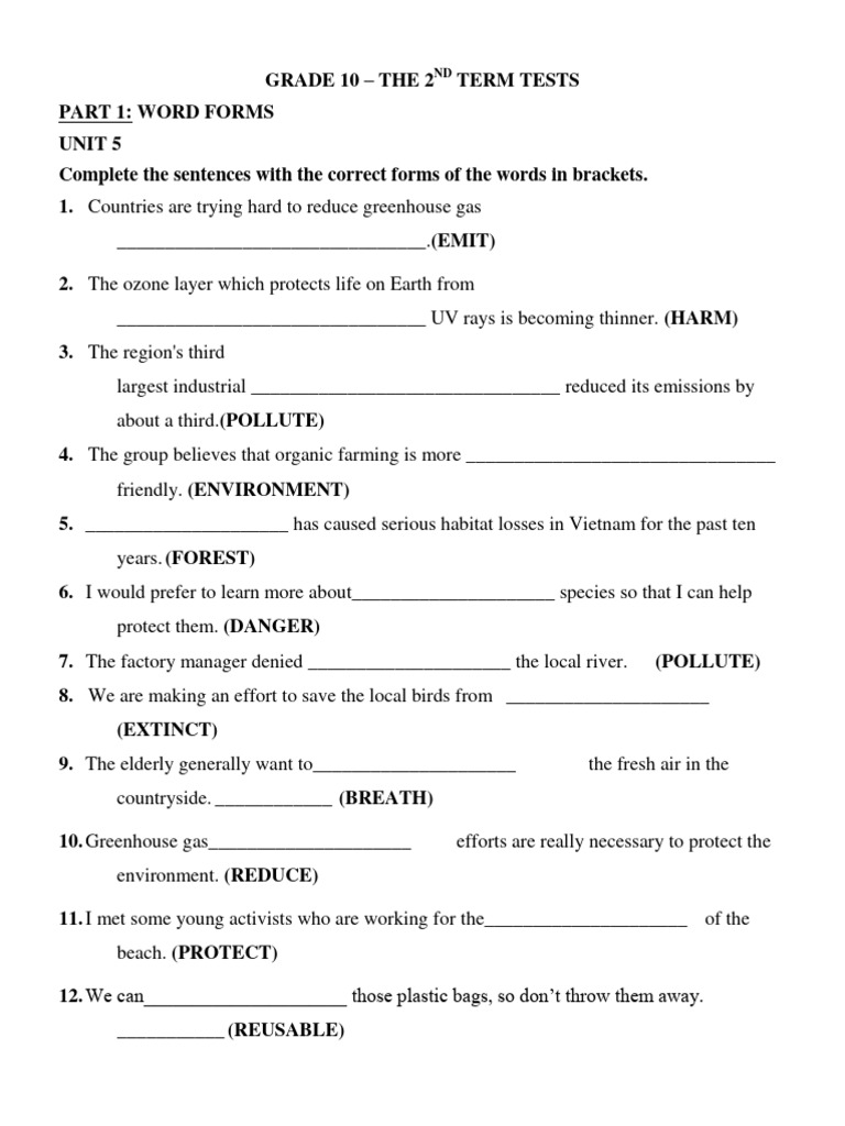 WORD FORMS & WRITING (hk2) Grade 10 | PDF | Natural Environment