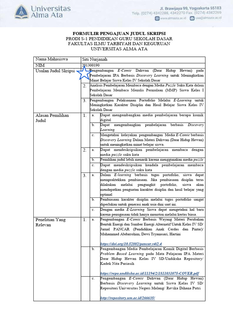Pengajuan Judul Skripsi PGSD | PDF