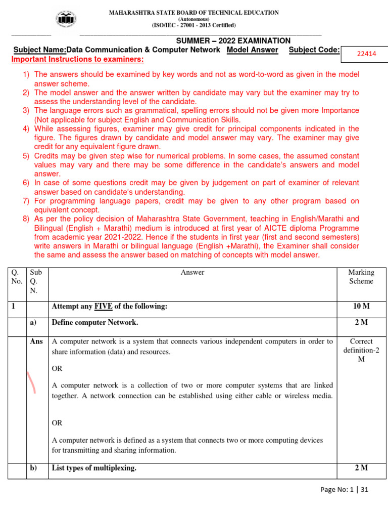 XXXXX: Important Instructions To Examiners | PDF | Duplex (Telecommunications) | Network Switch