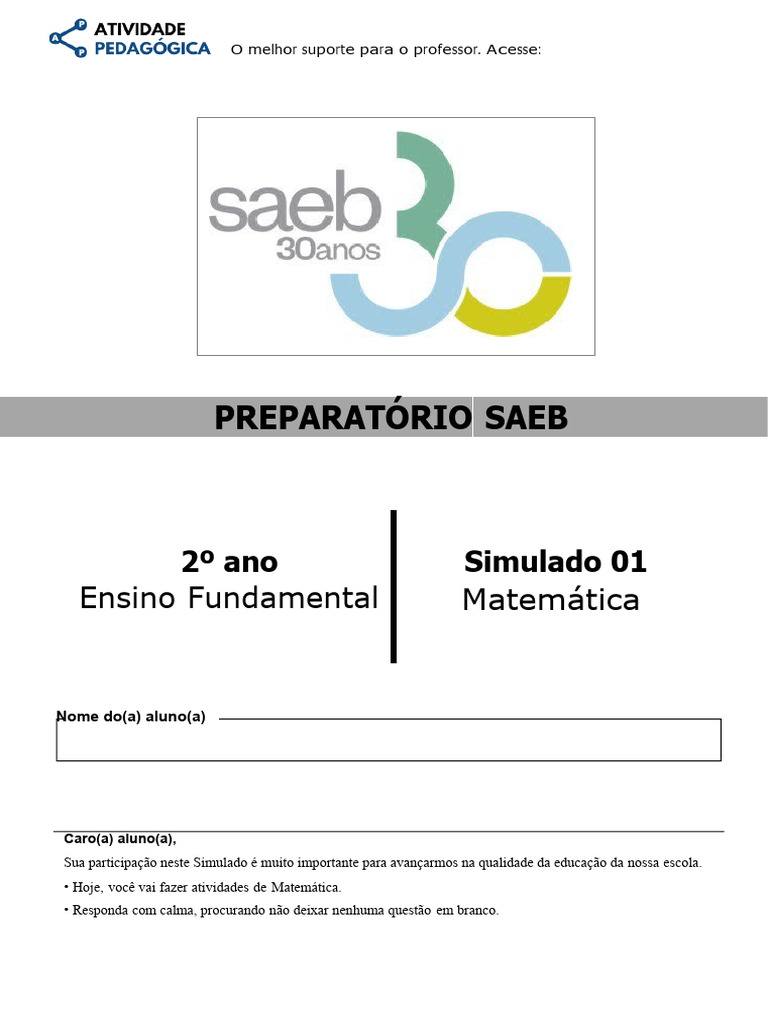 Simulado 01 (SAEB) Matemática - 2º Ano | PDF | Matemática