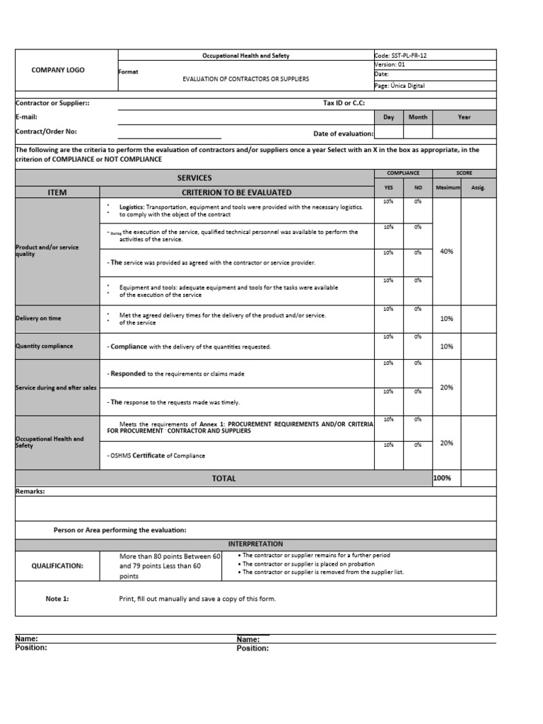 Contractor Supplier Evaluation Format | PDF | Procurement | Logistics