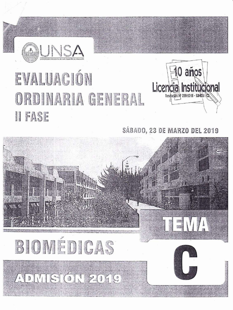 Examen de Admisión Ordinario UNSA 2019 Fase II - Biomédicas | PDF
