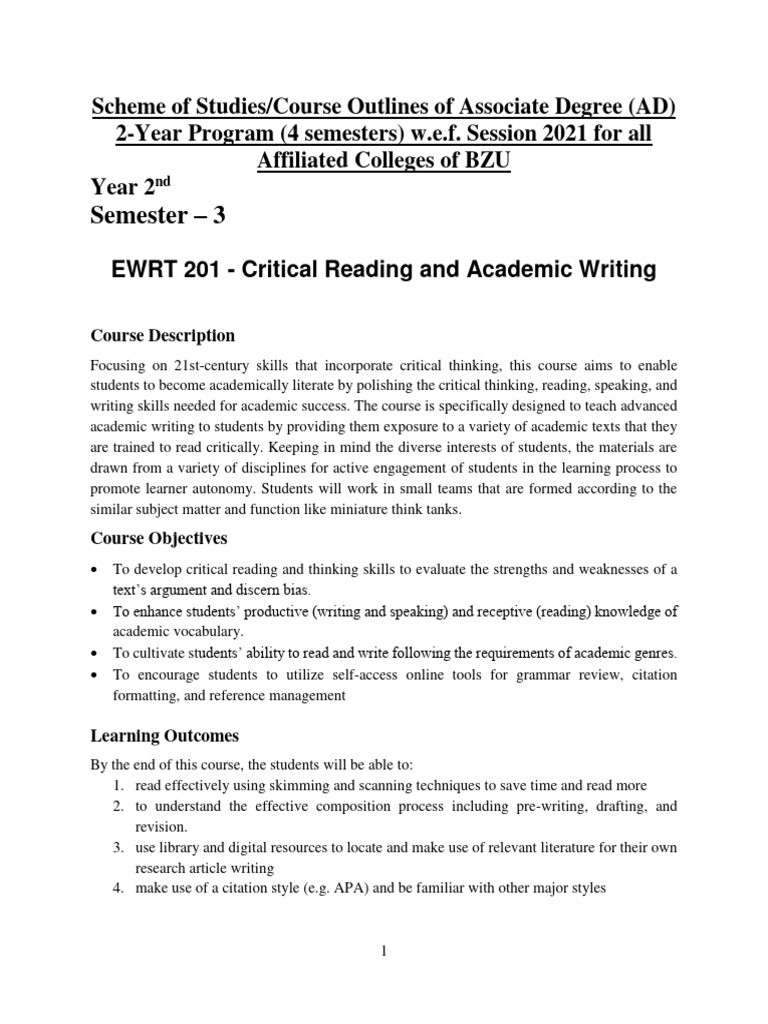 3rd Semester Course Outline: EWRT 201 | PDF | Language Arts & Discipline