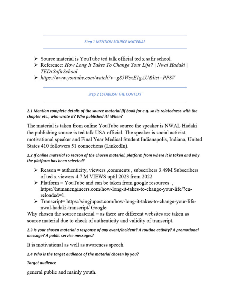 Step 1 Mention Source Material | PDF | You Tube | Human Communication