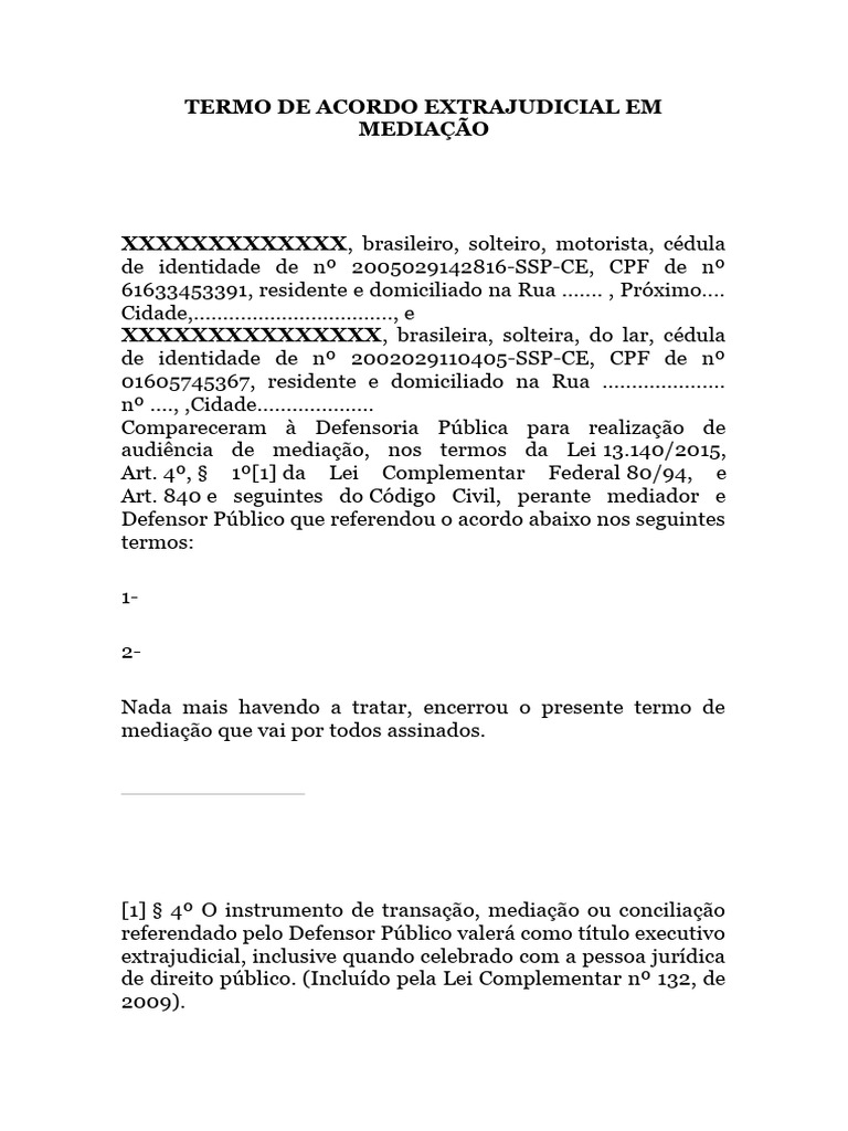Termo de Acordo Extrajudicial em Mediação | PDF Termo de Acordo Extrajudicial em Mediação | PDF