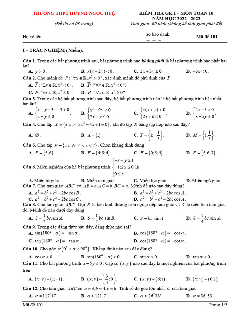 De Giua Hoc Ky 1 Toan 10 Nam 2022 2023 Truong THPT Huynh Ngoc Hue Quang Nam | PDF