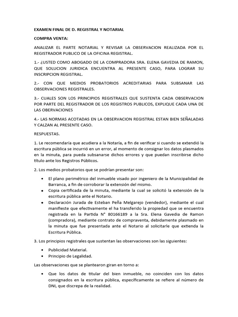 EXAMEN FINAL DE REGISTRAL NOTARIAL | PDF | Ley común | Derecho Civil ...