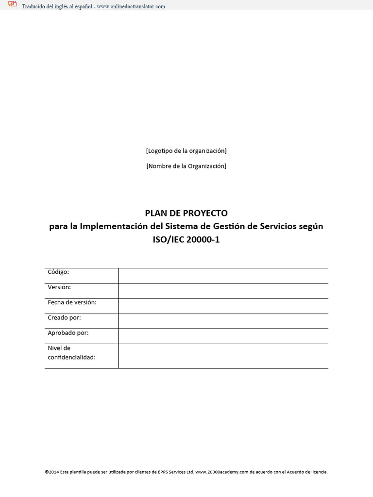 Project Plan For Implementation of ISO 20000 20000academy EN - En.es | PDF