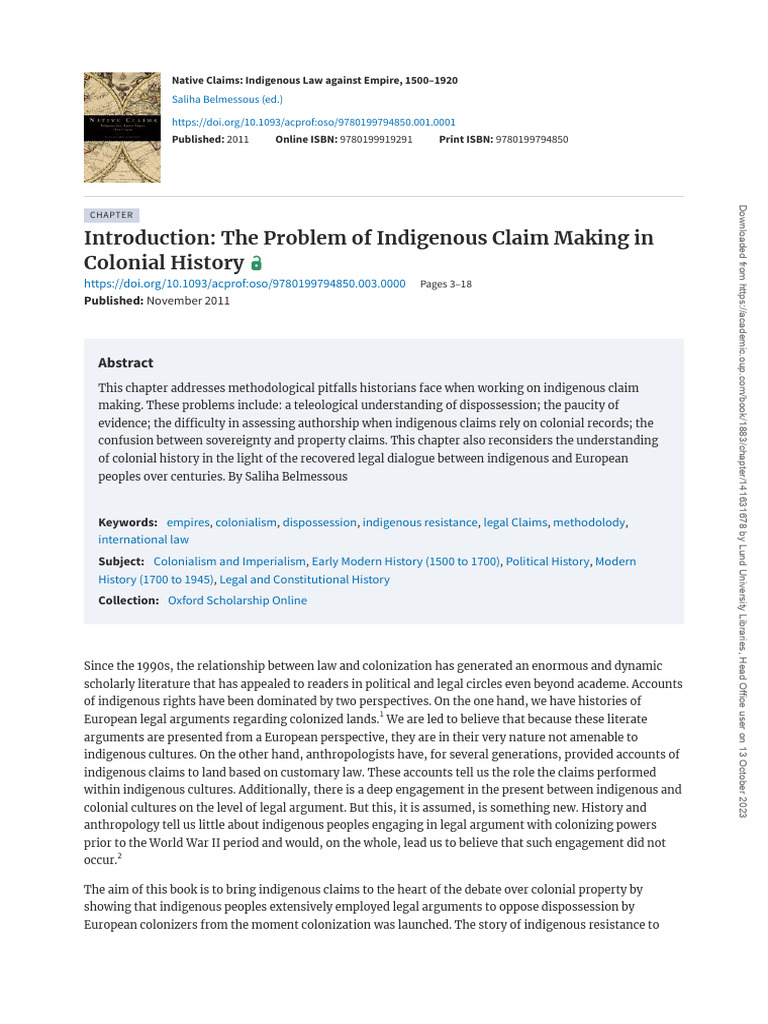 Introduction: The Problem of Indigenous Claim Making in Colonial ...