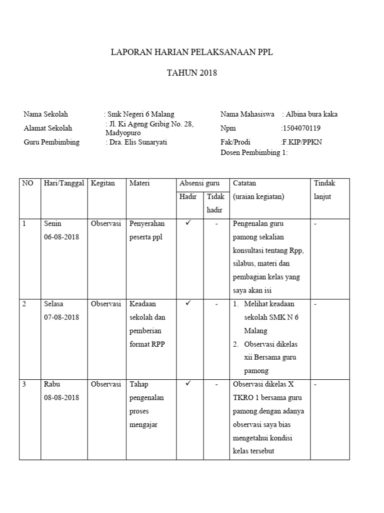 Laporan Mingguan Pelaksanaan PPL | PDF