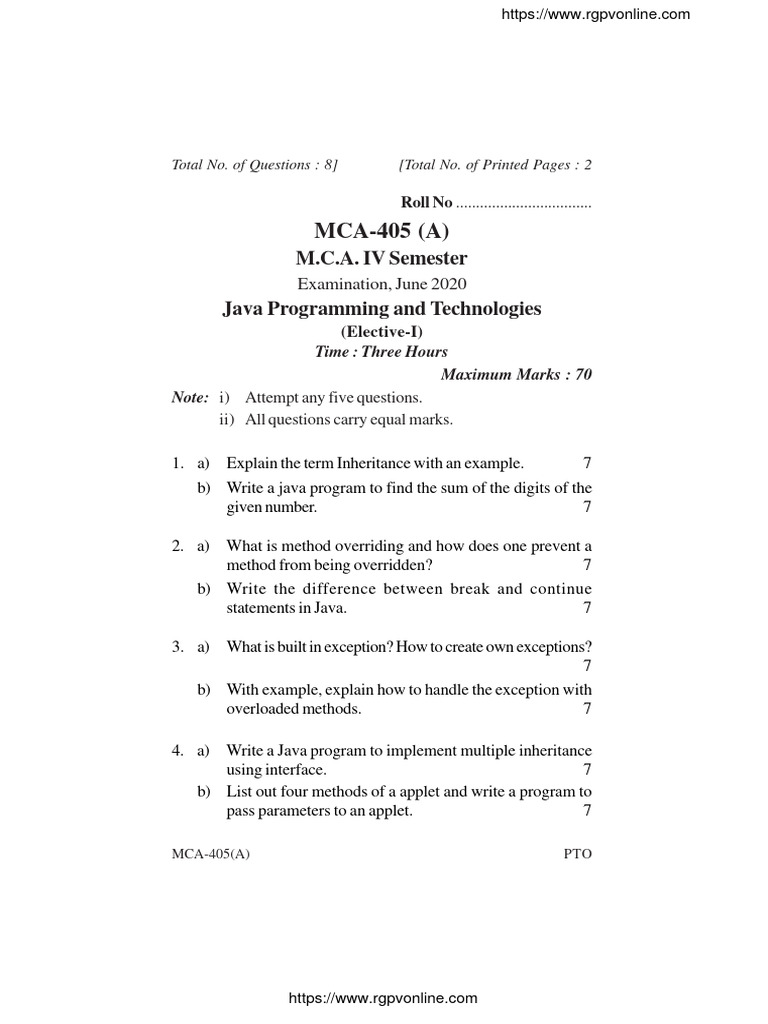 Mca 405 (A) Java Programming and Technologies Jun 2020 | PDF | Java (Programming Language ...