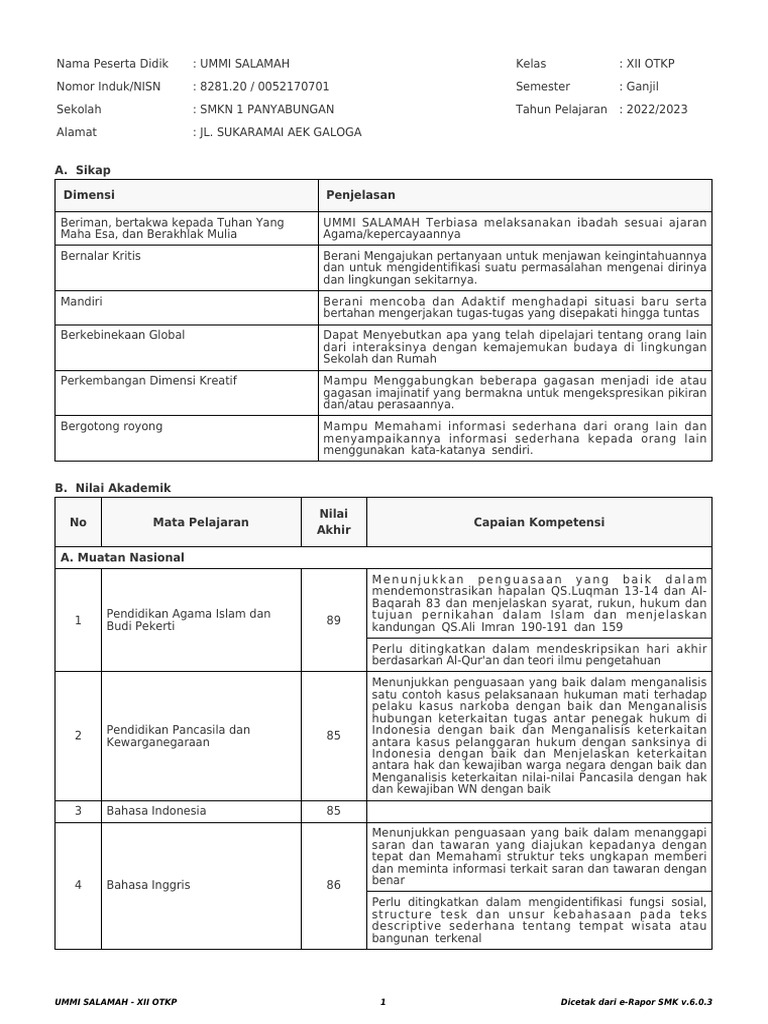 Rapor Ummi Salamah - Xii Otkp | PDF