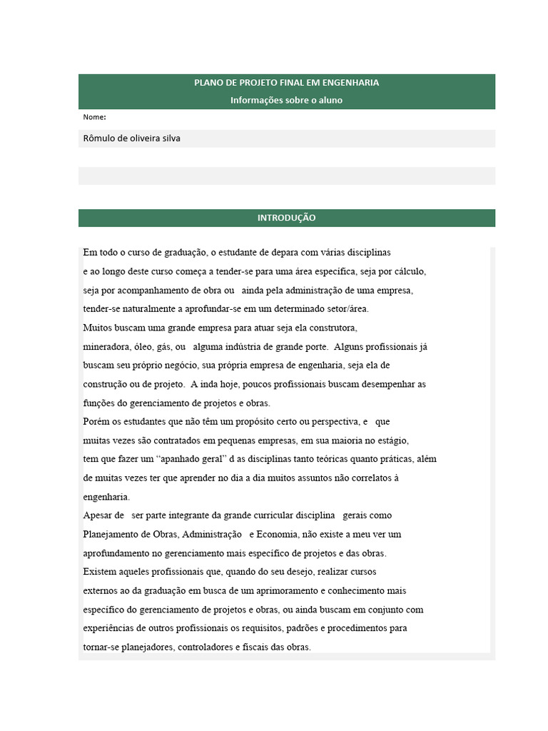 Plano de Projeto Final - Engenharias 2023 | PDF | Planejamento | Engenharia