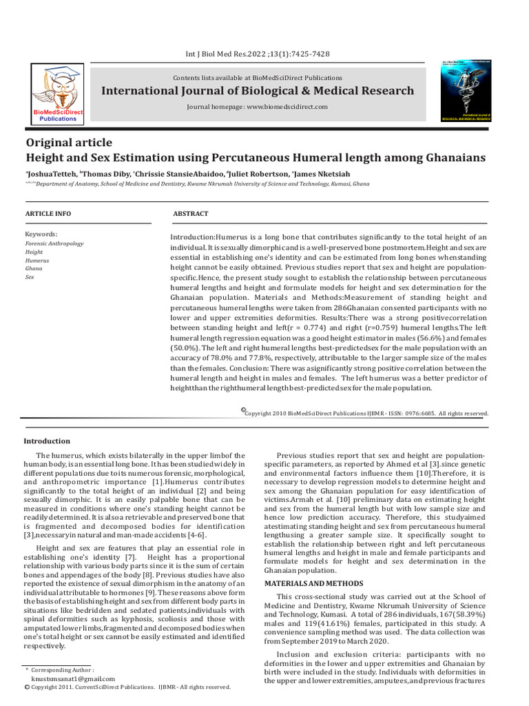 Height And Sex Estimation Using Percutaneous Humeral Length Among Ghanaians Pdf Amputation