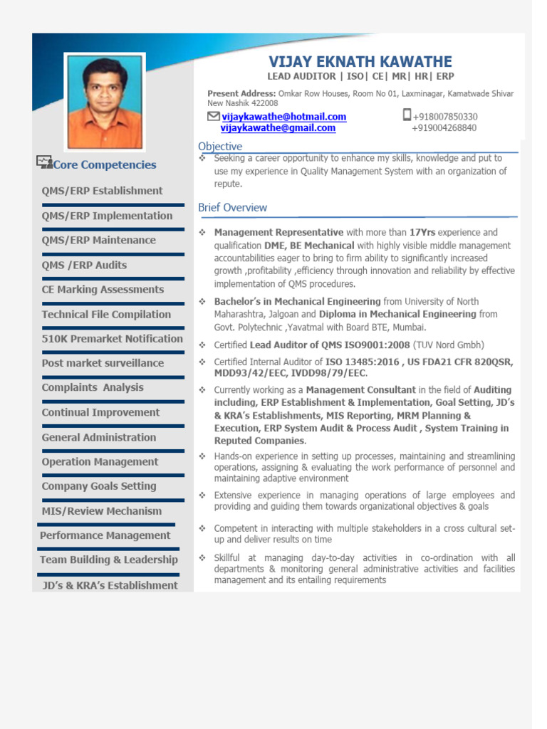 CV Vijay Kawathe 04.08.20 | PDF | Iso 9000 | Quality Management System