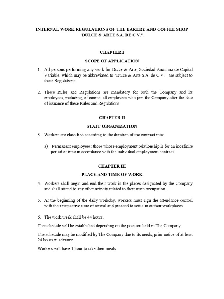 Internal Work Regulations For Bakery and Coffee | PDF | Employment ...