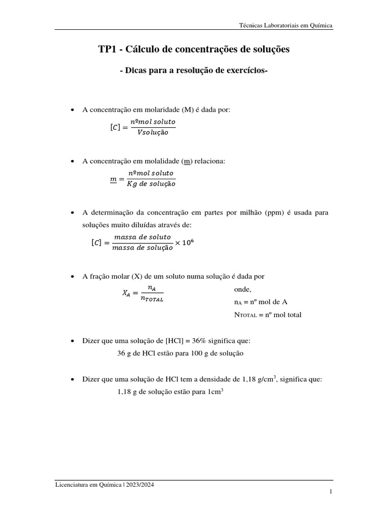 TP1_Cálculo de Concentrações de Soluções | PDF | Concentração ...