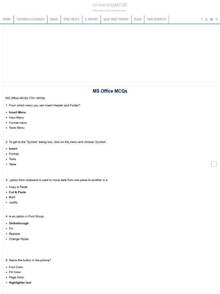 MS Office MCQs - UniversityMCQS | PDF | Microsoft Excel | Microsoft Word