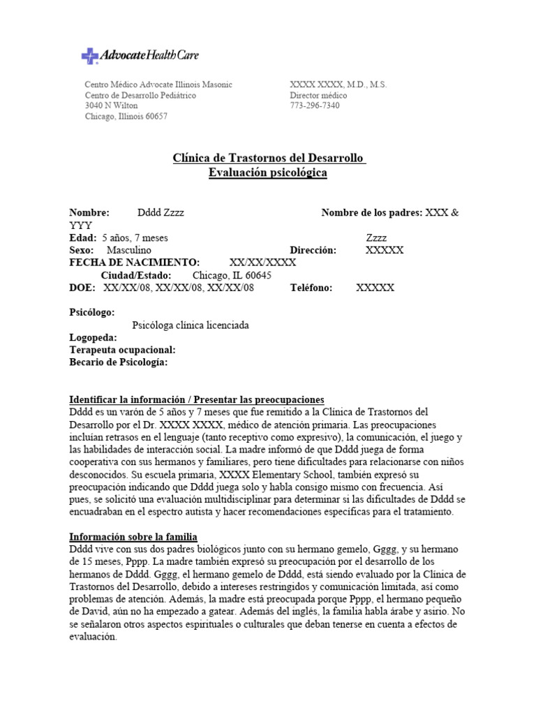 Informe de Muestra ADI-R y ADOS-2 | PDF | Relaciones personales ...
