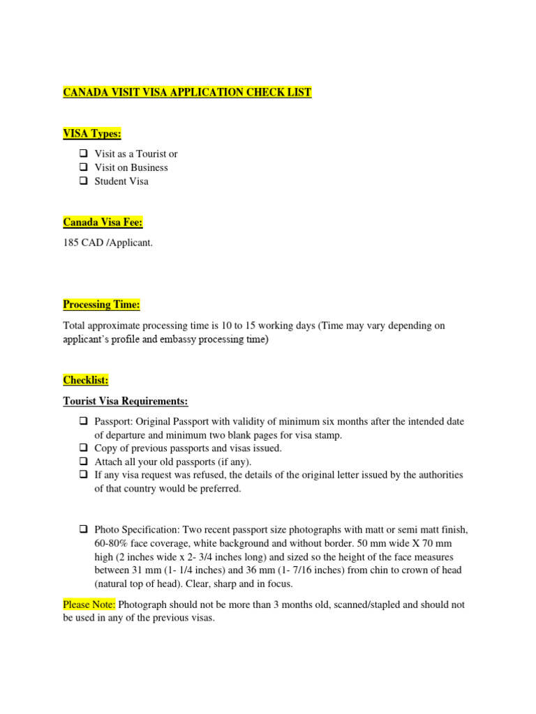 CANADA VISIT VISA APPLICATION CHECK LIST Full and Final | PDF | Travel ...