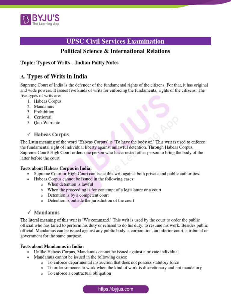Types-of-Writs-Indian-Polity-Notes | PDF | Habeas Corpus | Writ Of ...